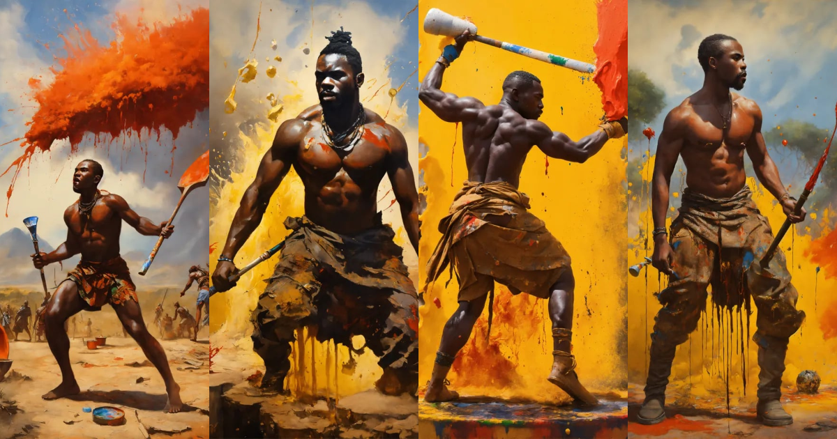 Lexica - African,A male artist fights against a large paint pot,african ...