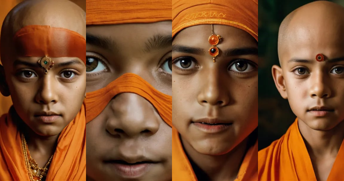 Lexica - Portrait of 10-year-old boy wearing an orange Harry Krishna ...