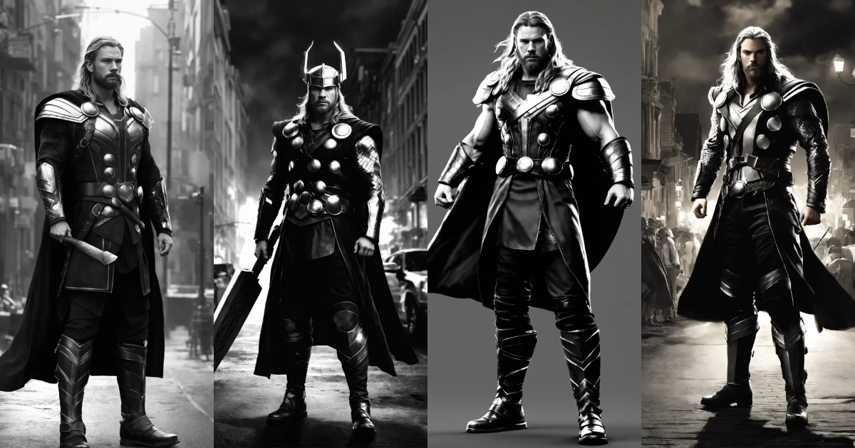 Lexica - In 1800 Thor stands on the street full-body, black and white ...