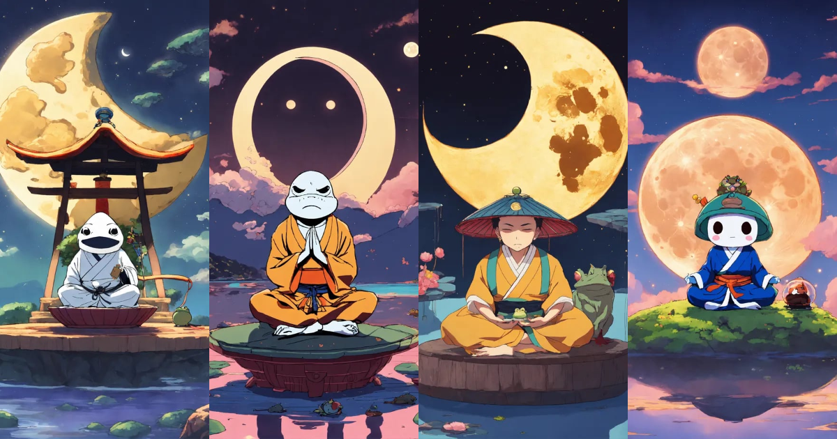 Lexica - A cartoon anime moon floating with a face in meditation with a ...