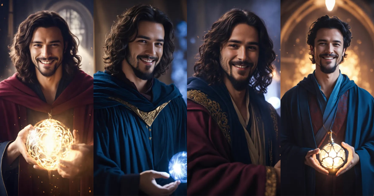 Lexica - Dark medium hair, french goatee, smile, wizard robes, creating ...