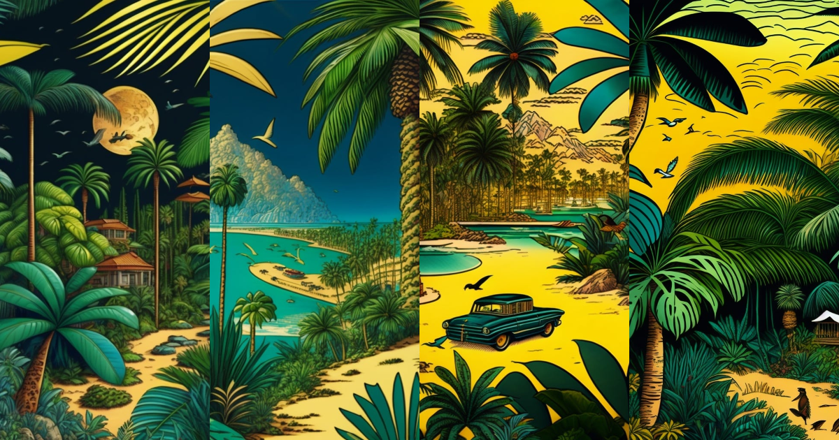 Lexica - Maximalist chaotic jungle palm trees, birds eye view ...