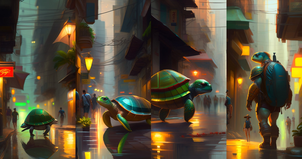 Lexica - A turtle walking through the Brazilians Streets, shot body ...