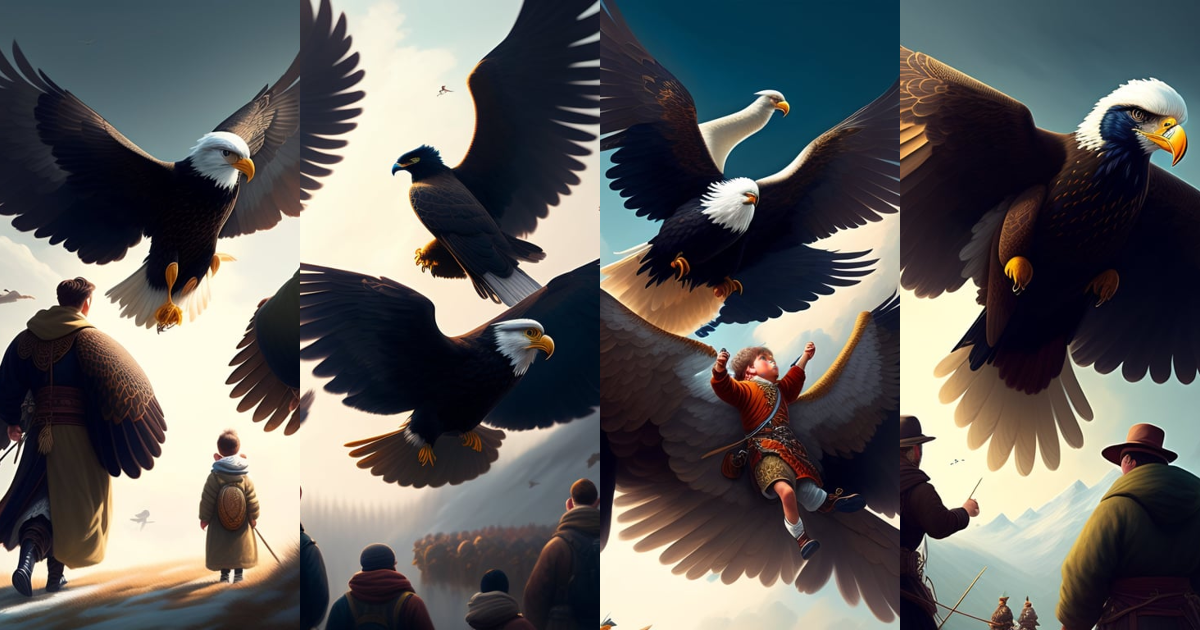 Lexica - A kid getting dragged into the air by a group of eagles ...