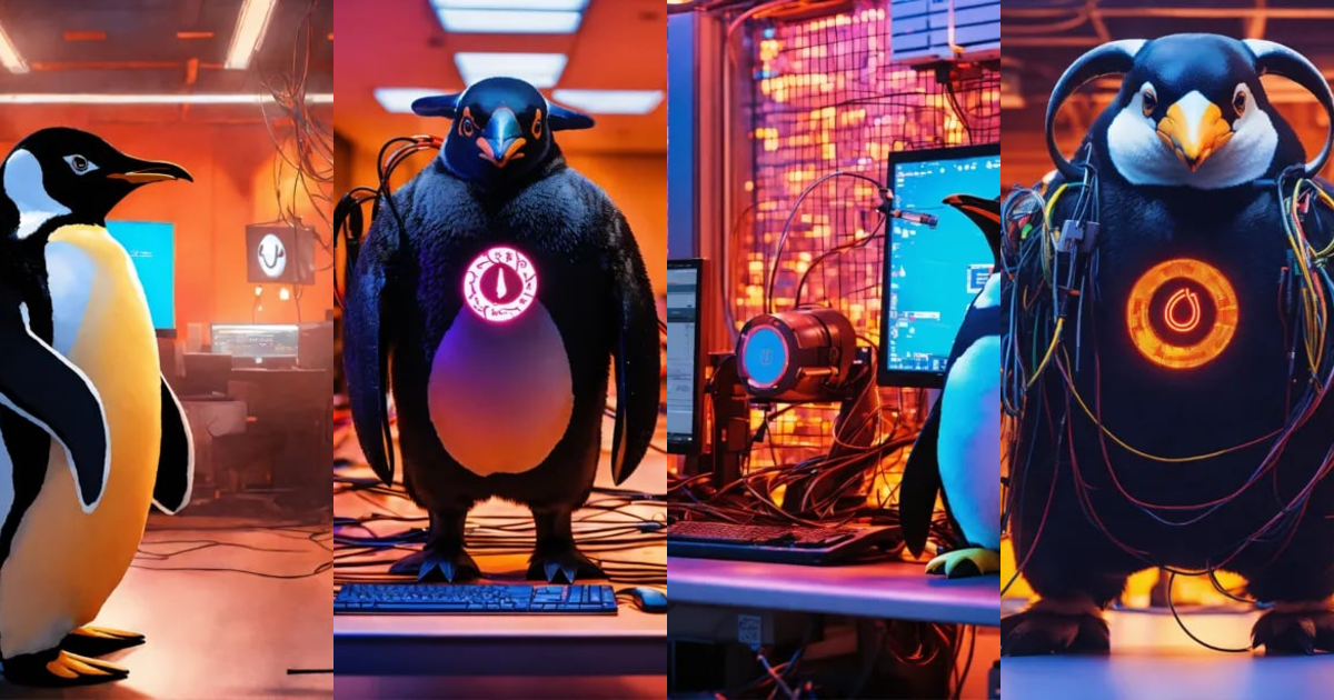 Lexica - A penguin dressed up as a minotaur. Standing in a computer lab ...