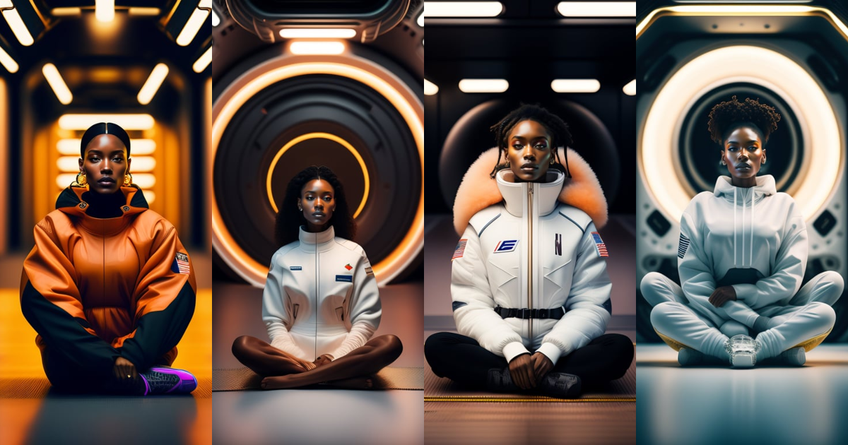 Lexica - Female in a sitting pose trapped in a small space station ...