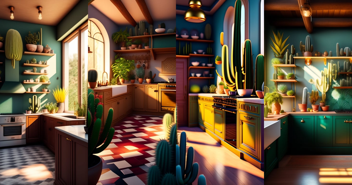 Lexica - Maximalist kitchen with lots of cactuc and plants, golden ...