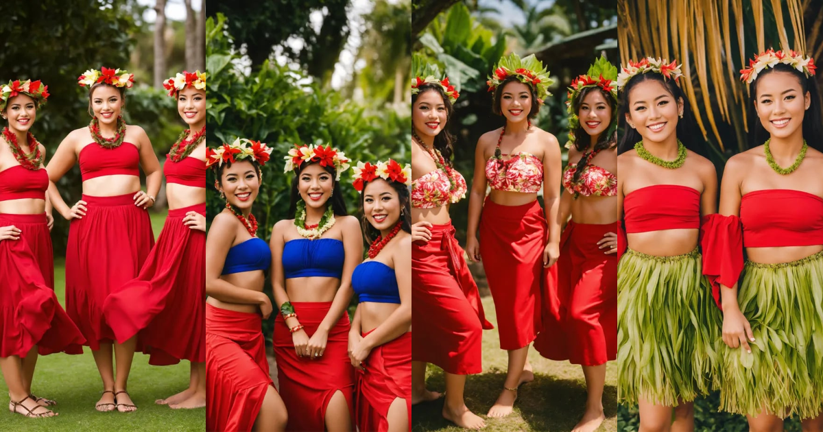 Lexica - Three girls doing hula wearing red tube tops and tea leaf skirts
