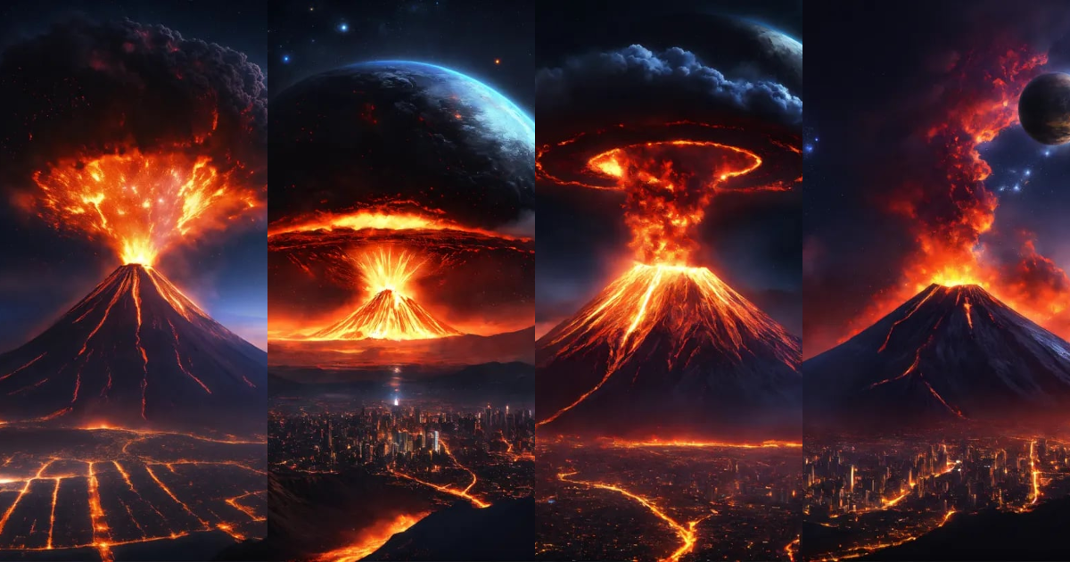 Lexica - Ultra realistic, volcano, big planet in sky, fire, black ...