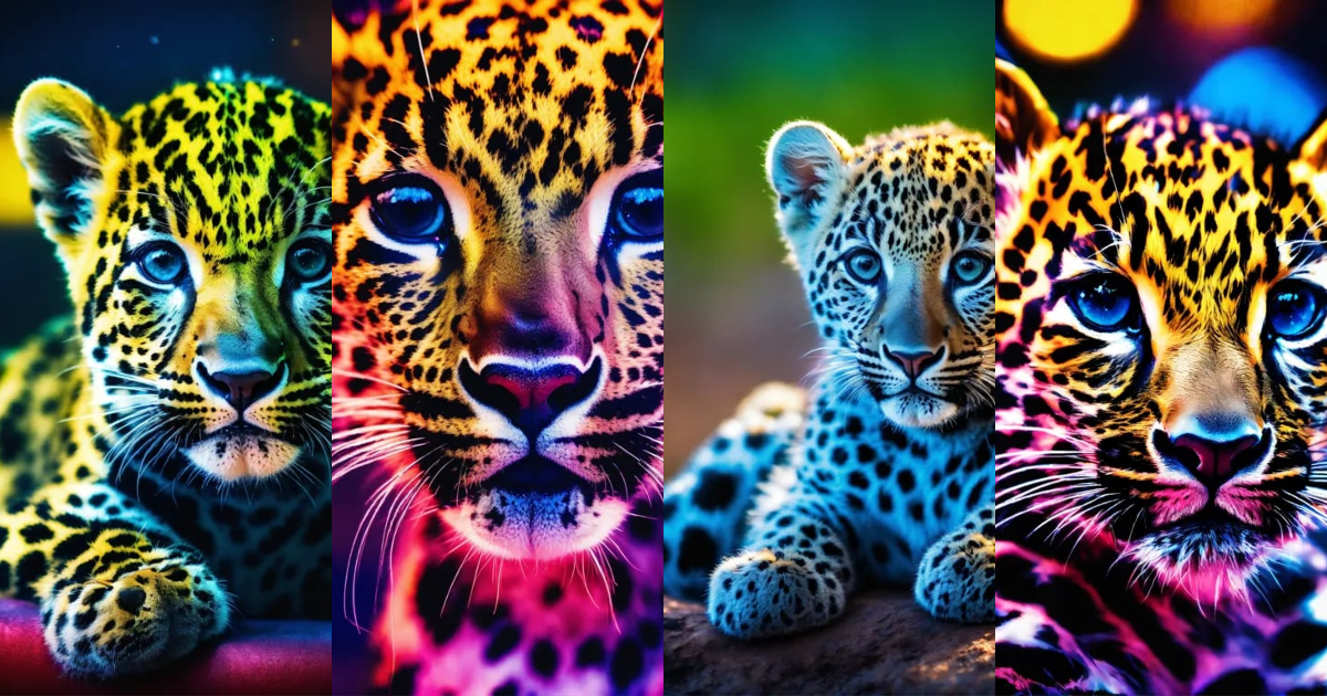 Lexica - Neon 90’s style portrait of baby leopard. Bright, contrasting ...