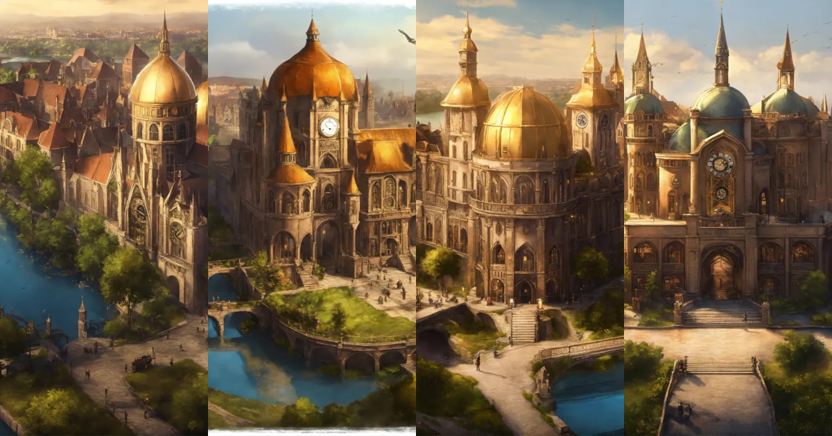 Lexica - Bird-view of a small fantasy city with a massive gothic ...