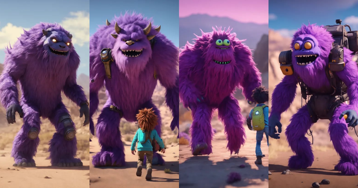 Lexica - Zoom out on a friendly hairy violet colored monster cartoon ...