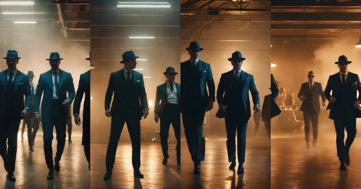 Lexica - Group of mafia gangsters dancing in fashion warehouse, smoky ...