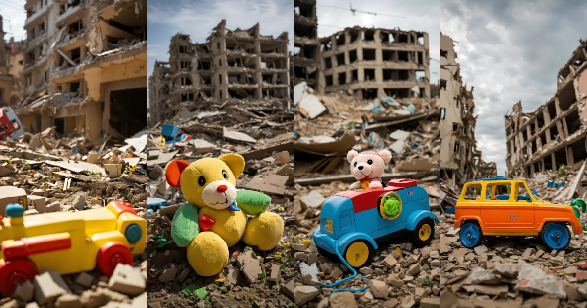 Lexica - A child's toy among the collapsed buildings