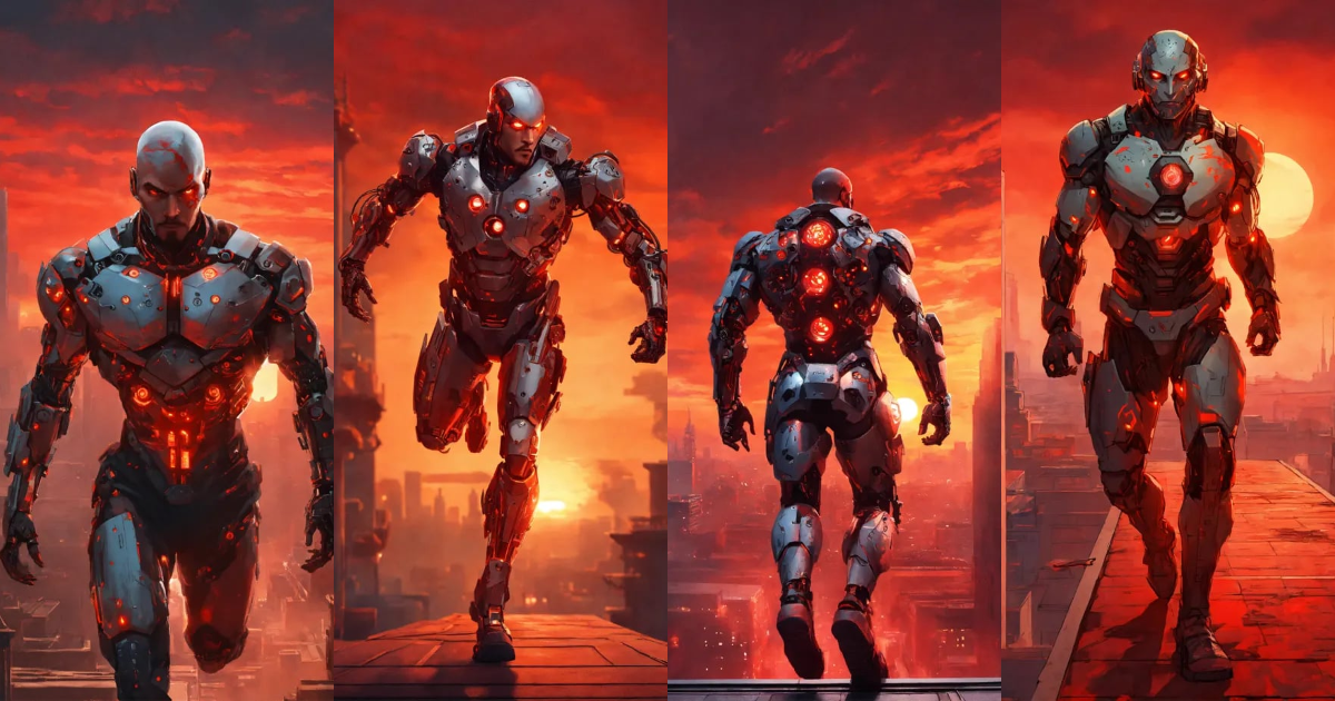 Lexica - An evil cyborg runs forward. the cyborg is on a roof top with ...