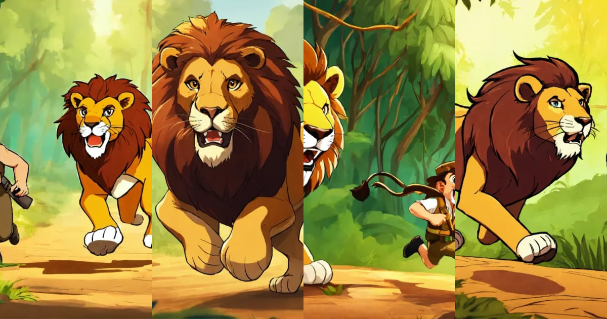 Lexica - Cartoon lion chasing men hunters in jungle