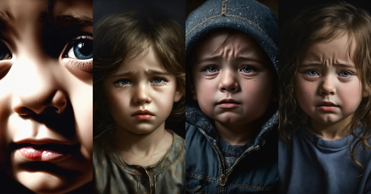 Lexica - Sad crying face child photo realistic blakc background