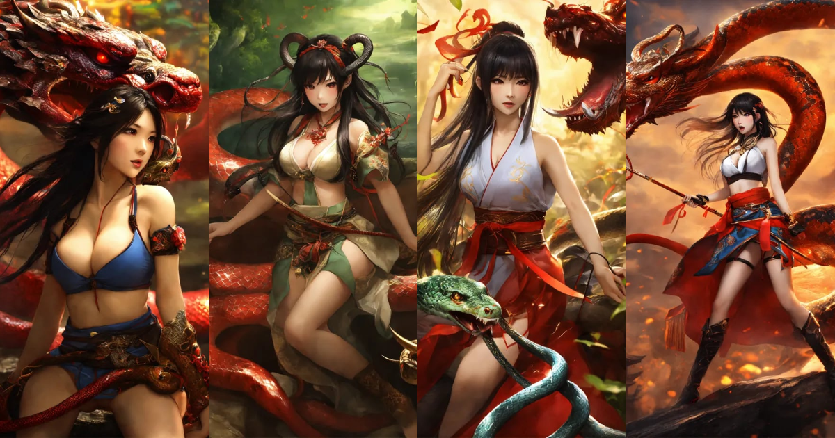 Lexica - Girl Asia fantasy Japan dynamics fights the demon snakes 8к