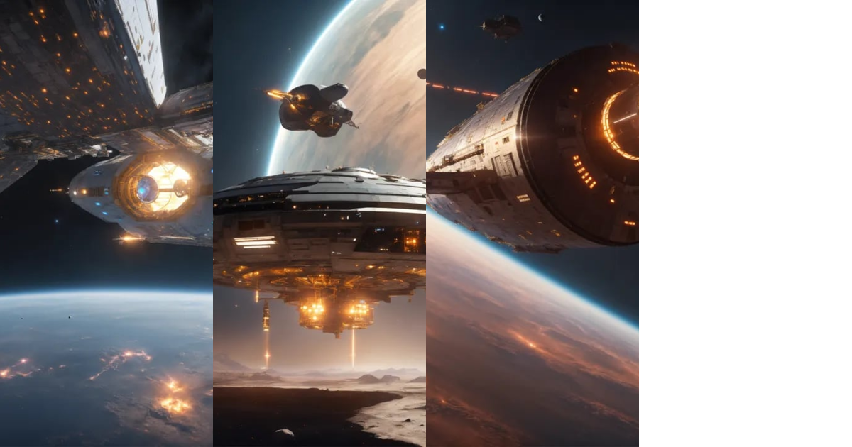 Lexica - Futuristic space craft flying through space toward a docking ...