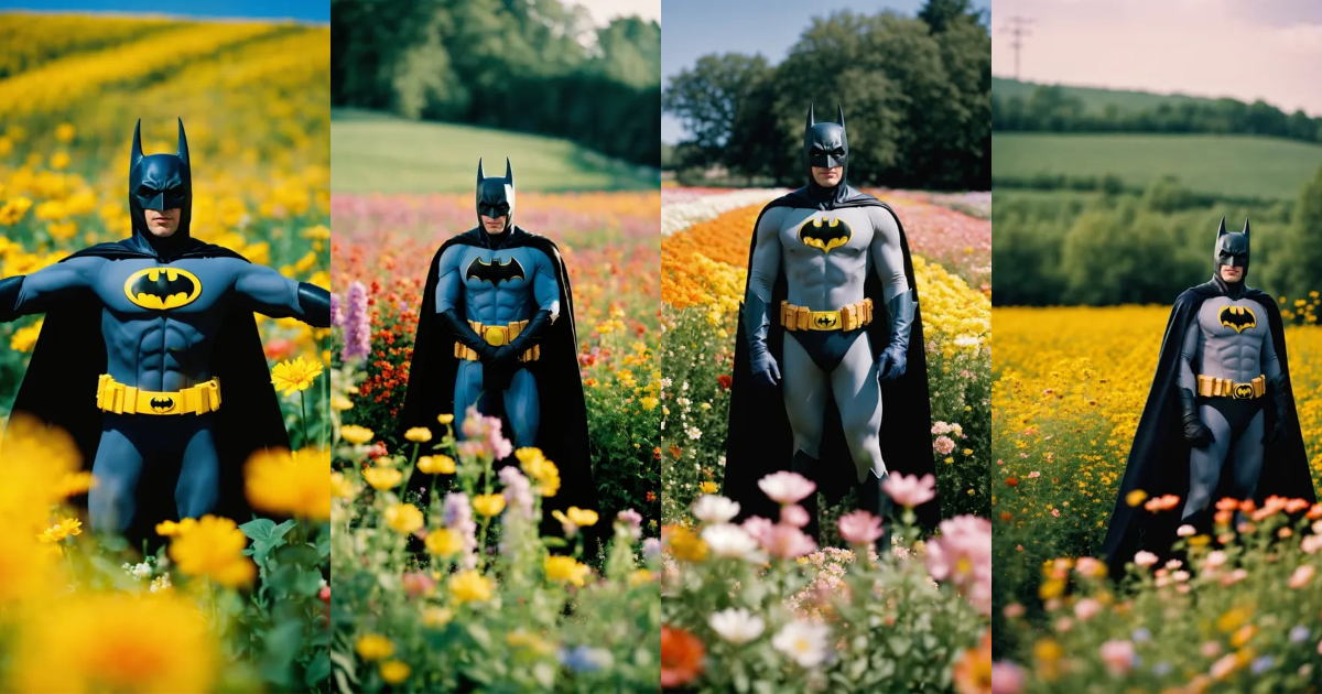 Lexica - Happy Batman standing in a beautiful field of flowers ...