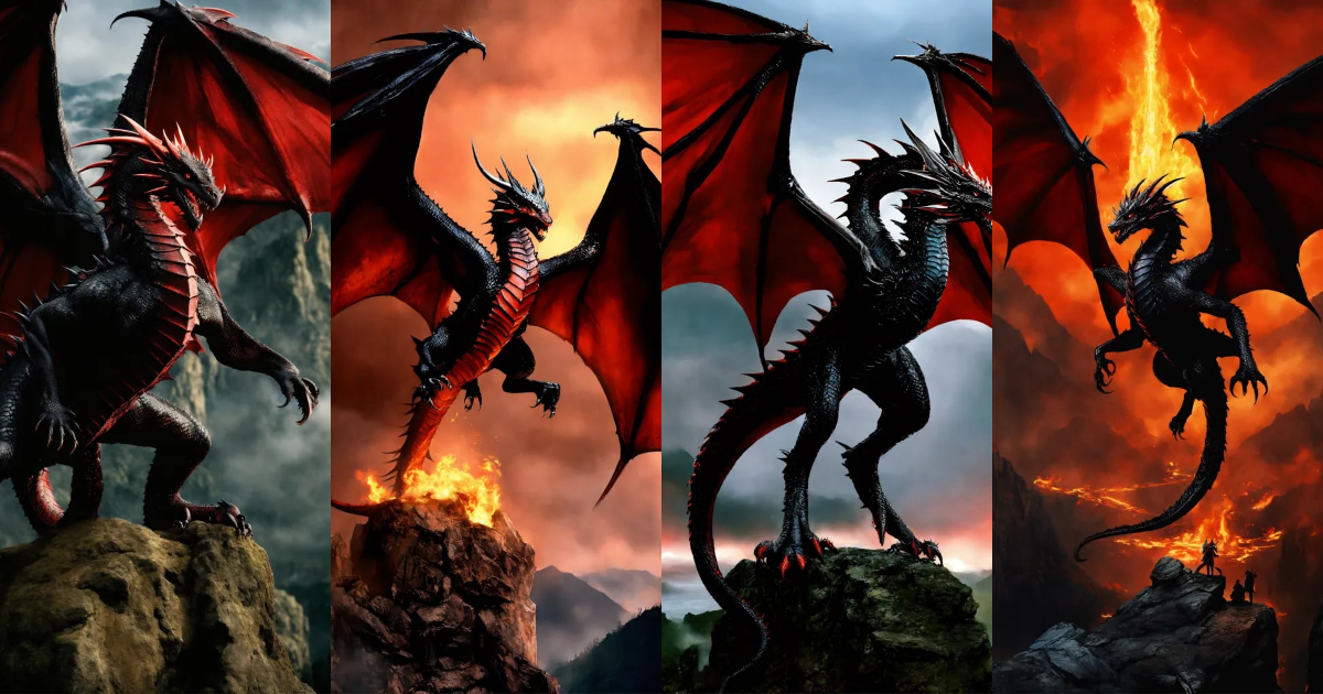 Lexica - Black and crimson red dragon long neck and huge wings lord of ...