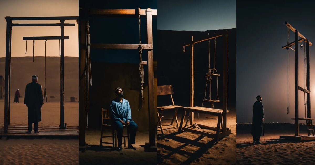 Lexica - An arab man standing next to a high gallows with a chair ...