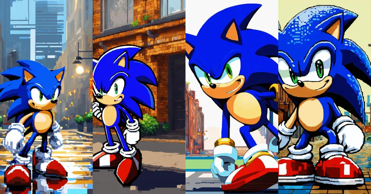 Lexica - Sonic the hedgehog in Manchester, 2d art, pixel art style