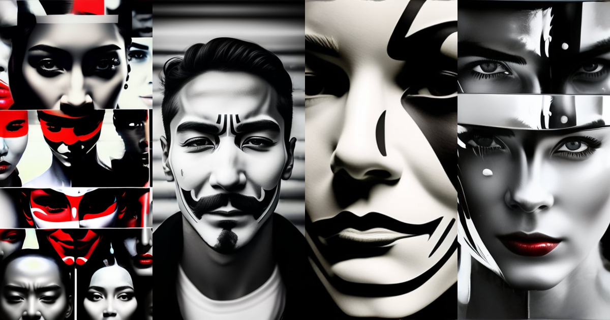 Lexica - Anonymous face , among fake people, red eyes, black and white,