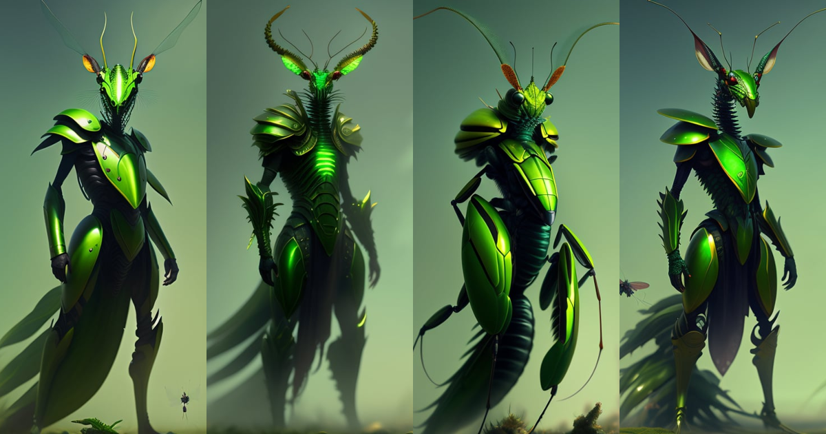 Lexica - Full body shot a of green man - mantis ; head with antennae ...