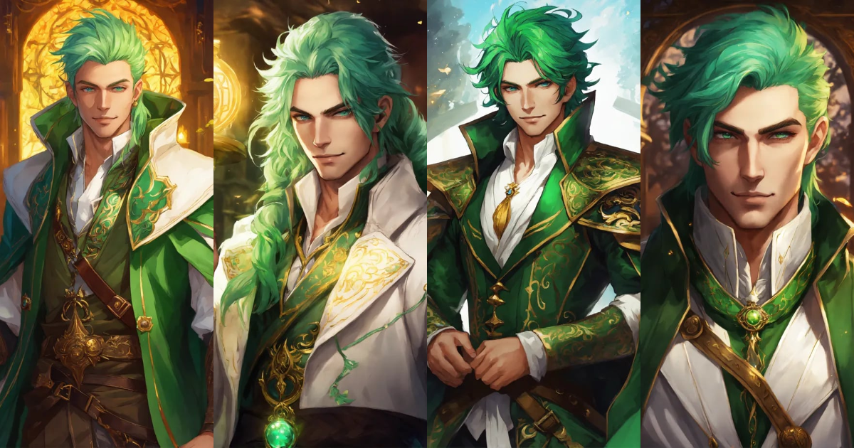 Lexica - Confident male wind mage, green hair, nobleman, smirk, white long coat, magic, action ...