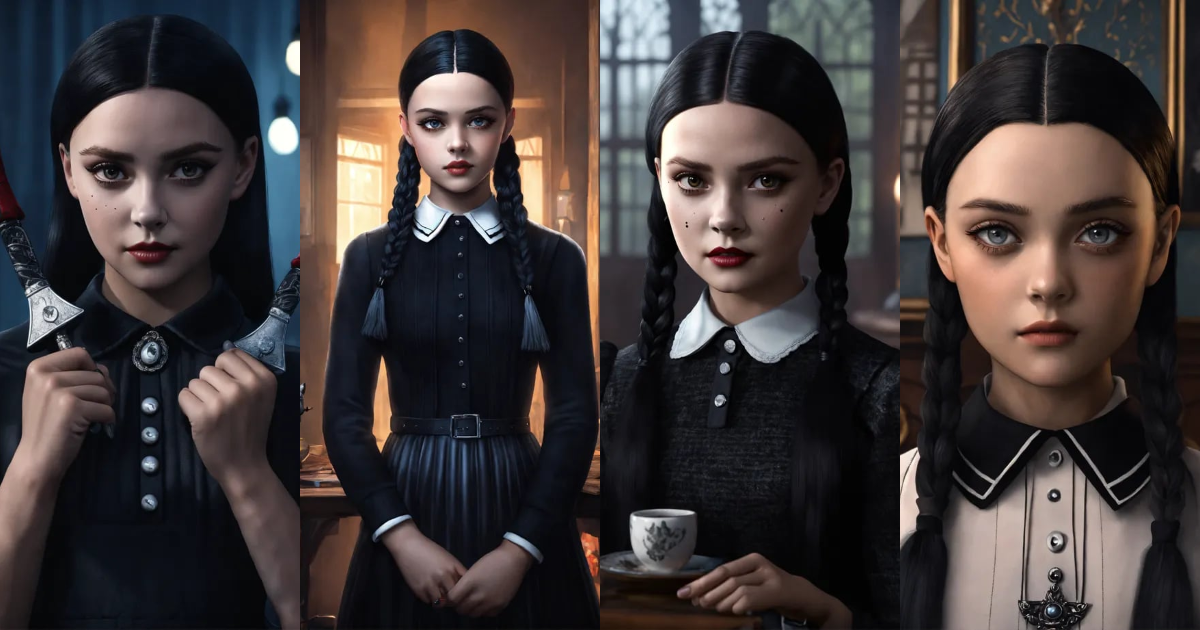 Lexica - Photorealistic, wednesday addams with her friend hand thing ...