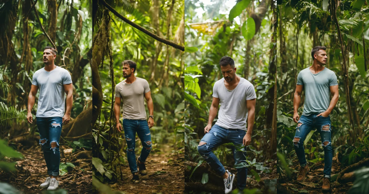 Lexica - Frustrated man wearing torn jeans and t-shirt in the jungle canopy