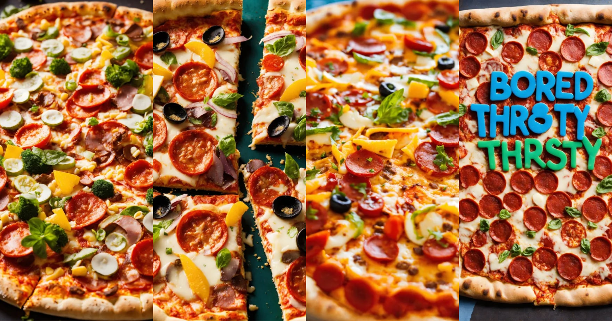 Lexica - A photo of a pizza where the toppings spell "Bored & Thirsty"