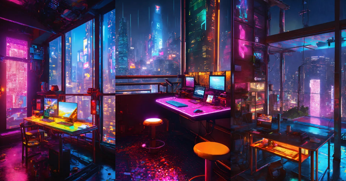 Lexica - A cyberpunk themed balcony at night, illuminated by neon ...