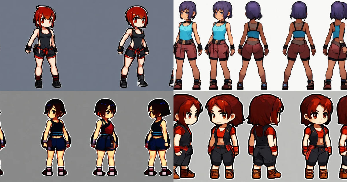 Lexica - Game assets, sprite sheet, girl, short hair, tank top, shorts ...