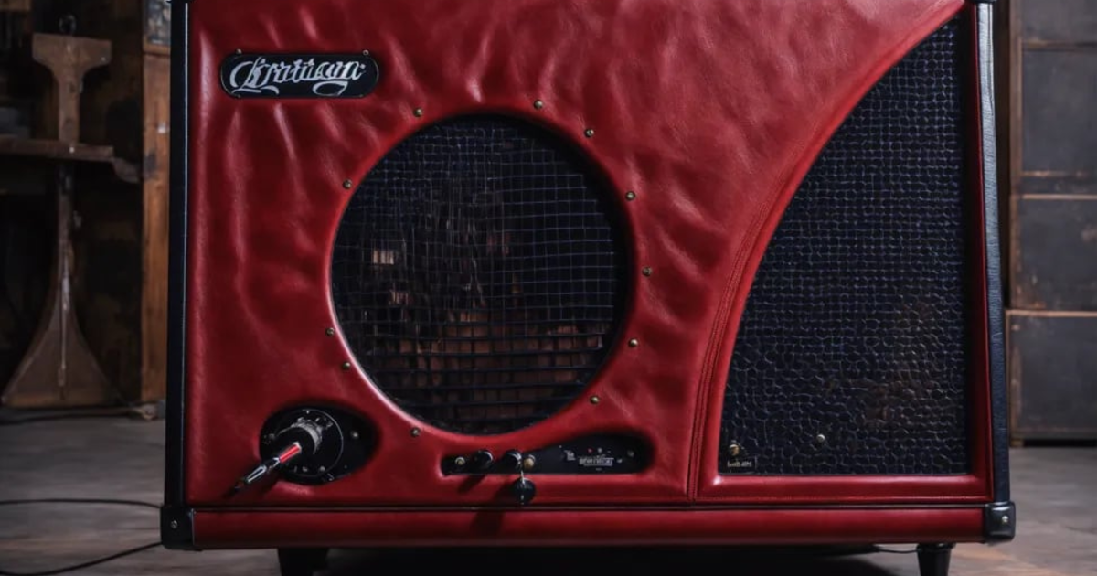 Lexica - A gigantic triangular shaped red leather guitar amplifier.
