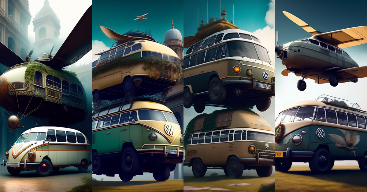 Lexica - Vw type 2 bus flying flapping wings over the sky , ancient ...
