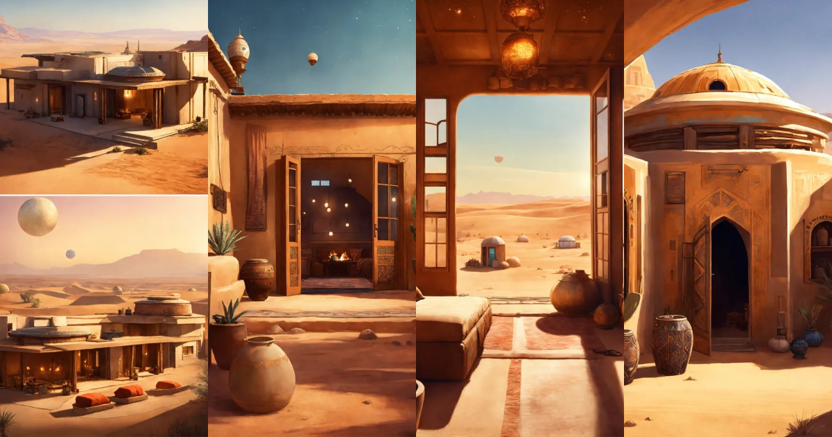 Lexica - Concept art of a large desert home, star wars, jakku, desert ...