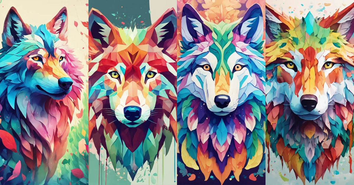 Lexica - A detailed illustration of a print of a colorful wolf, fantasy ...
