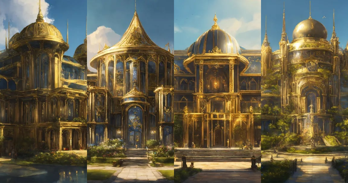 Lexica - Drawing of the full image of a massive black and gold elegant high elf sci fi palace ...