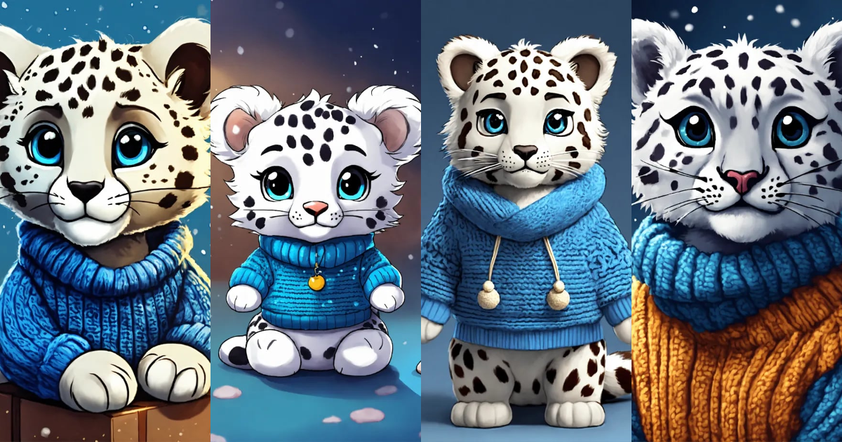 Lexica - Snow leopard in a blue sweater Cute 2d simple cartoon of toy art