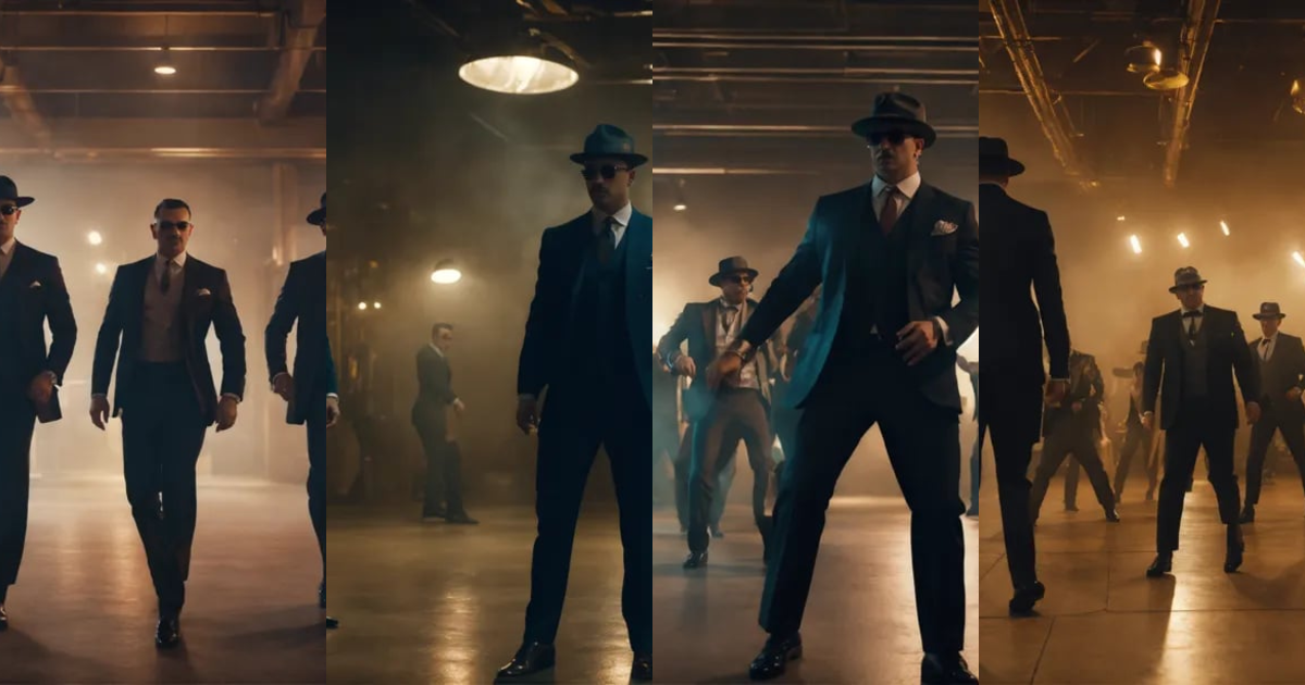 Lexica - Group of mafia gangsters dancing in fashion warehouse, smoky ...