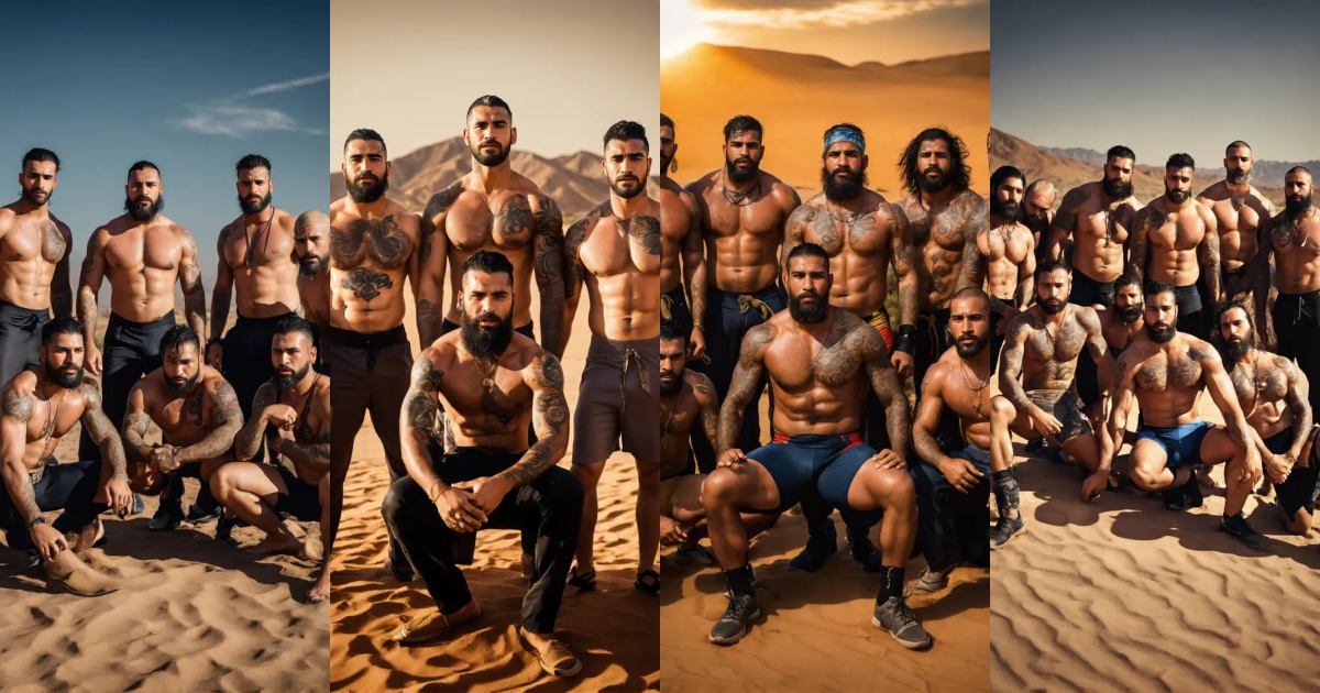 Lexica - A group of 10 shirtless sweaty tattooed bearded handsome ...
