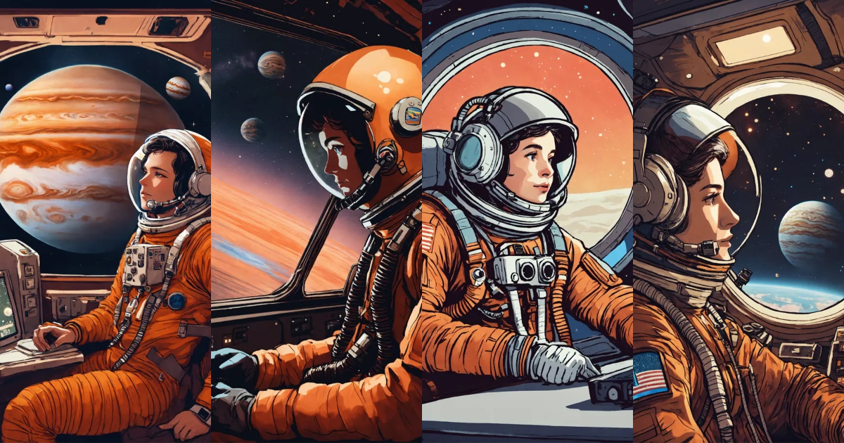 Lexica - A cosmonaut in space gazing in awe at Jupiter, listening to a ...