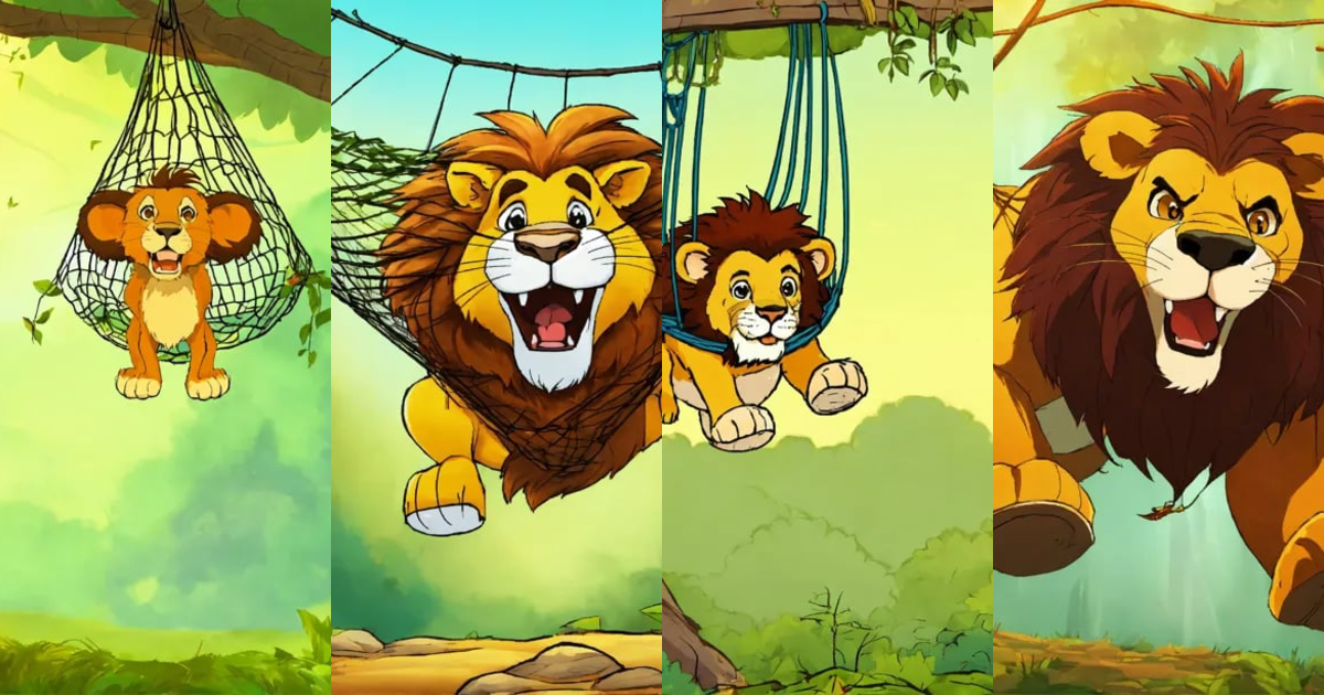 Lexica - Cartoon A big lion gets trapped in a net in the forest and ...