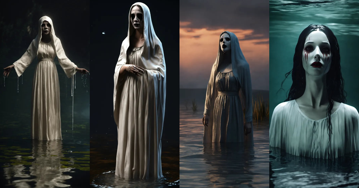 Lexica - A terrifying ghost, La Llorona, only her head in water, black ...