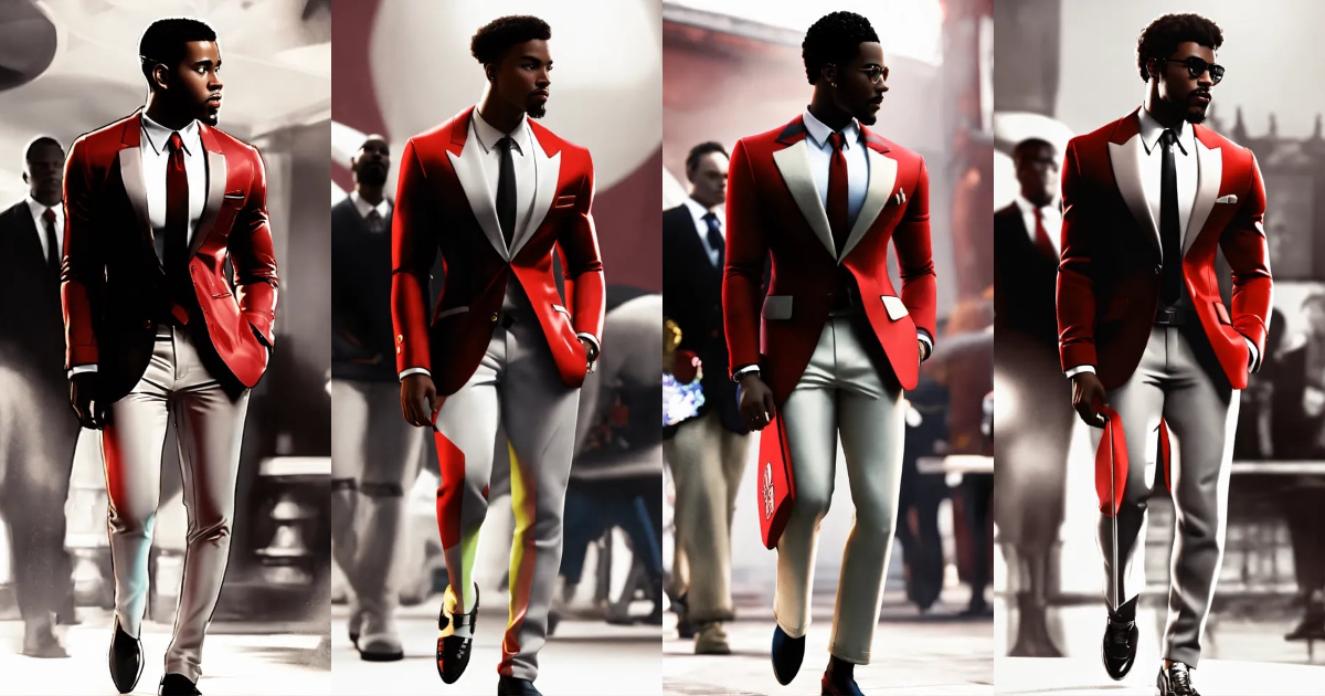 Lexica - Afroamerican man in red suit, head turned sideways, Disney ...