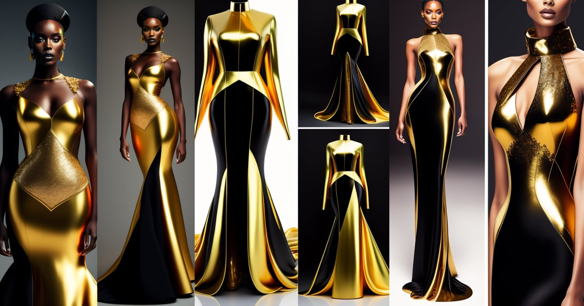 Lexica - Create a futuristic elegant and haute couture evening dress for women that has black ...