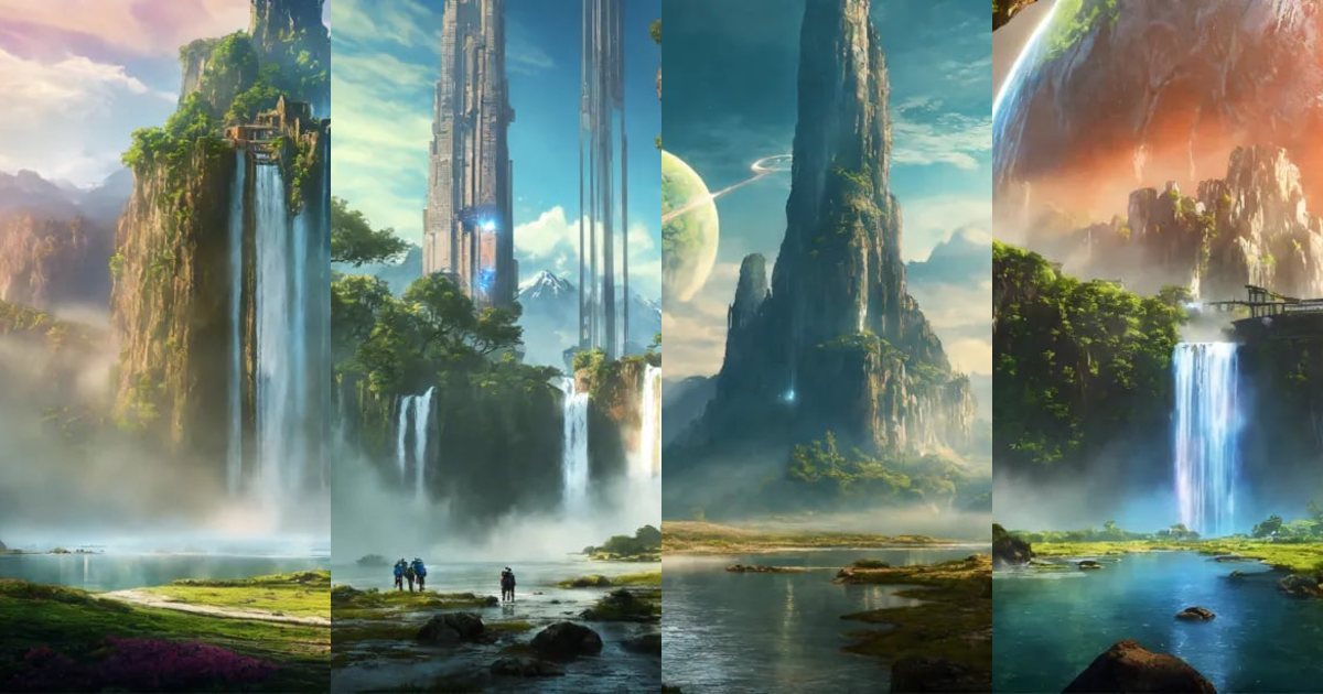 Lexica - View from the atmosphere, waterfall planet environment ...