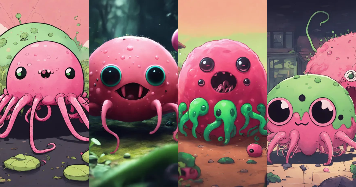 Lexica - A multi-eyed kawaii pink blob monster with skinny green ...